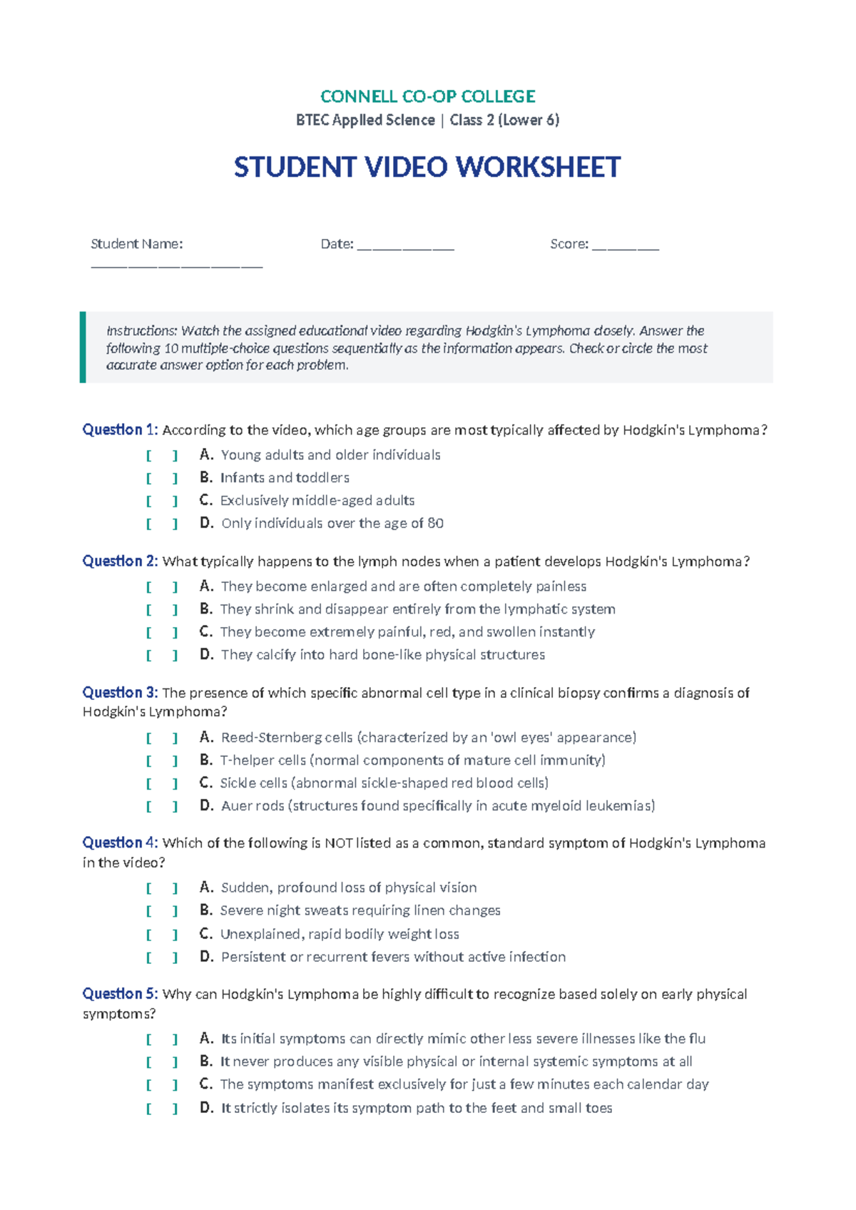 BTEC Applied Science Class 2: Hodgkin's Lymphoma Video Worksheet - Studocu