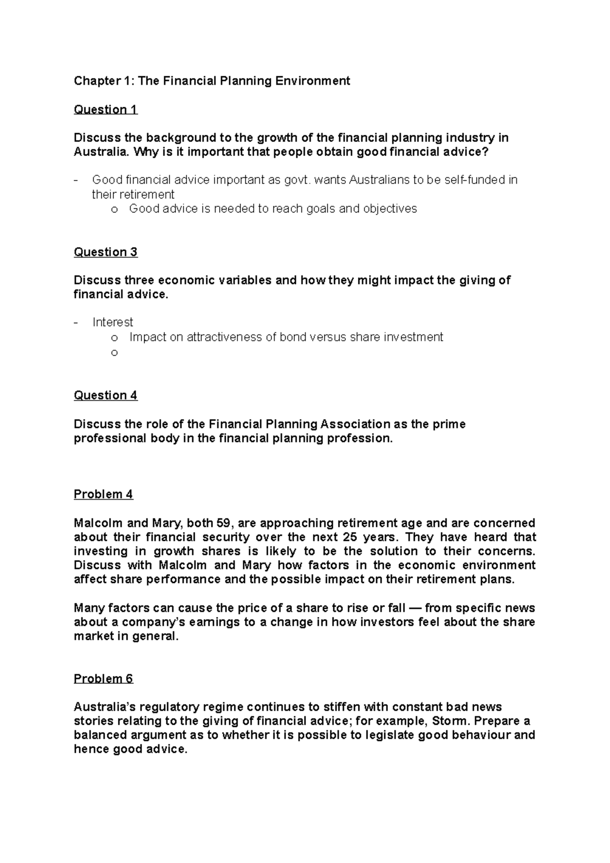 FINC101: Tutorial 1 Questions on Financial Planning & Client Relations ...