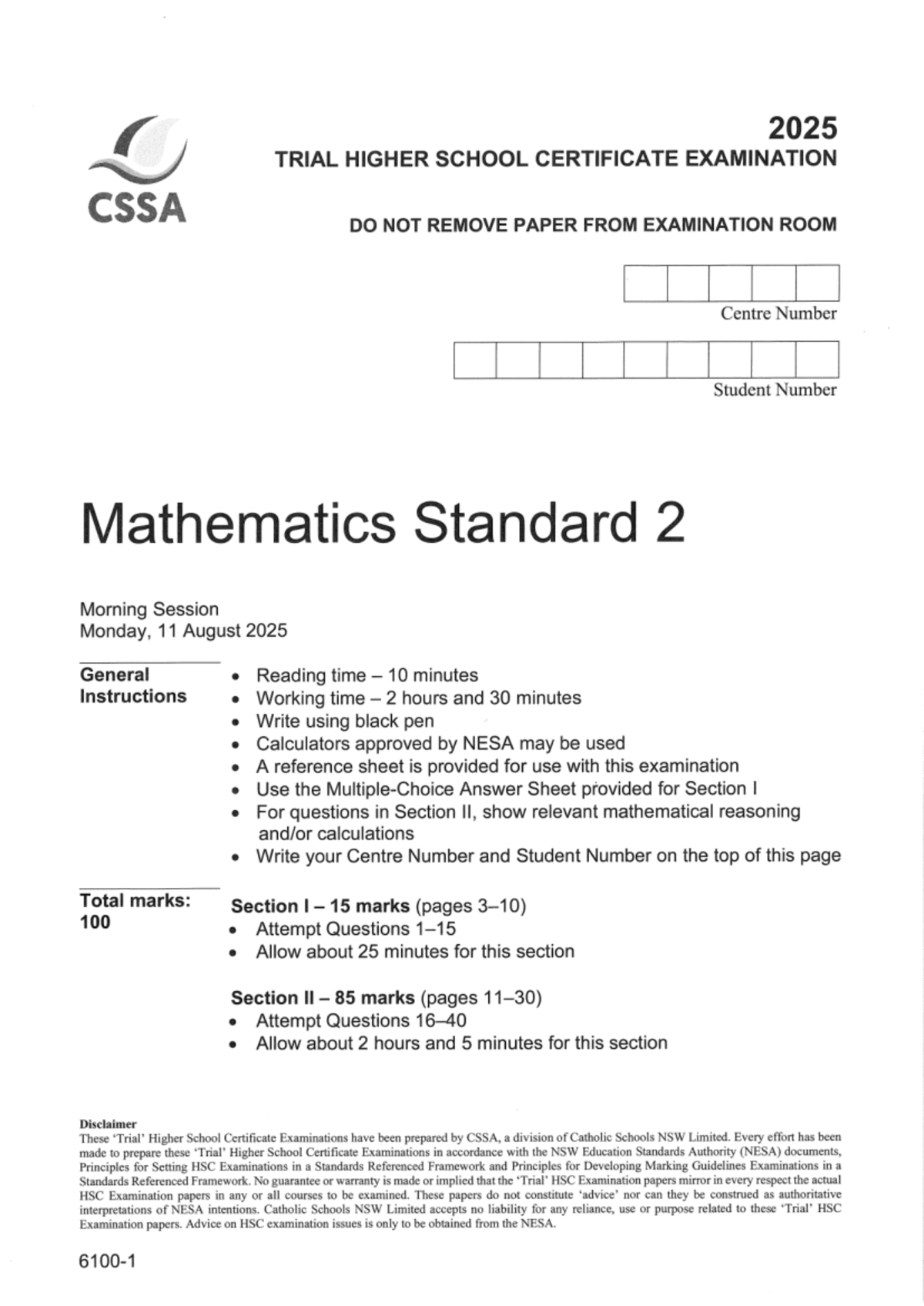2025 CSSA Trial HSC Math Standard 2 Exam Paper - Studocu