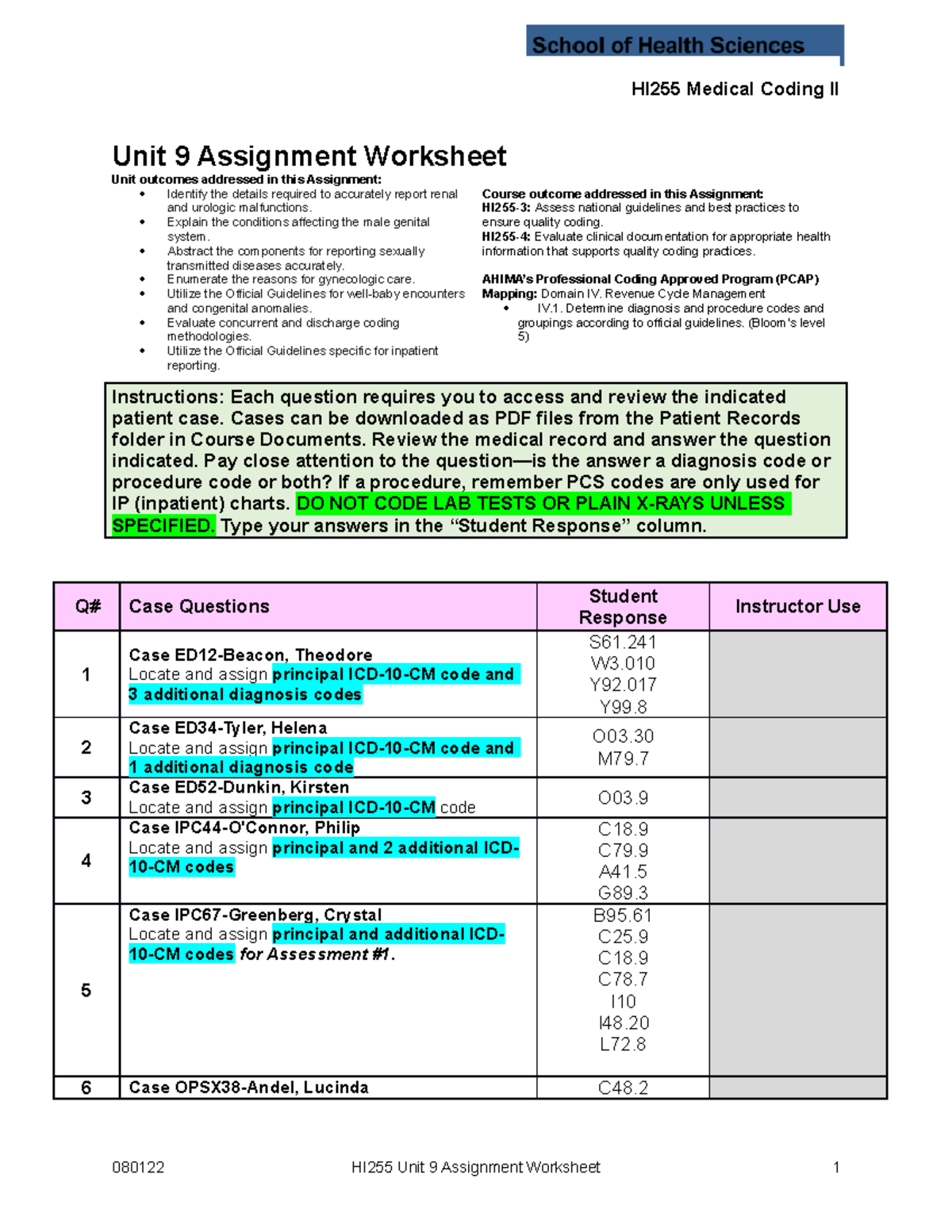 Karlee Stewart HI255 Unit 9 assignment worksheet 2202B - HI255 Medical ... Karlee Stewart HI255 Unit 9 assignment worksheet 2202B - HI255 Medical ...