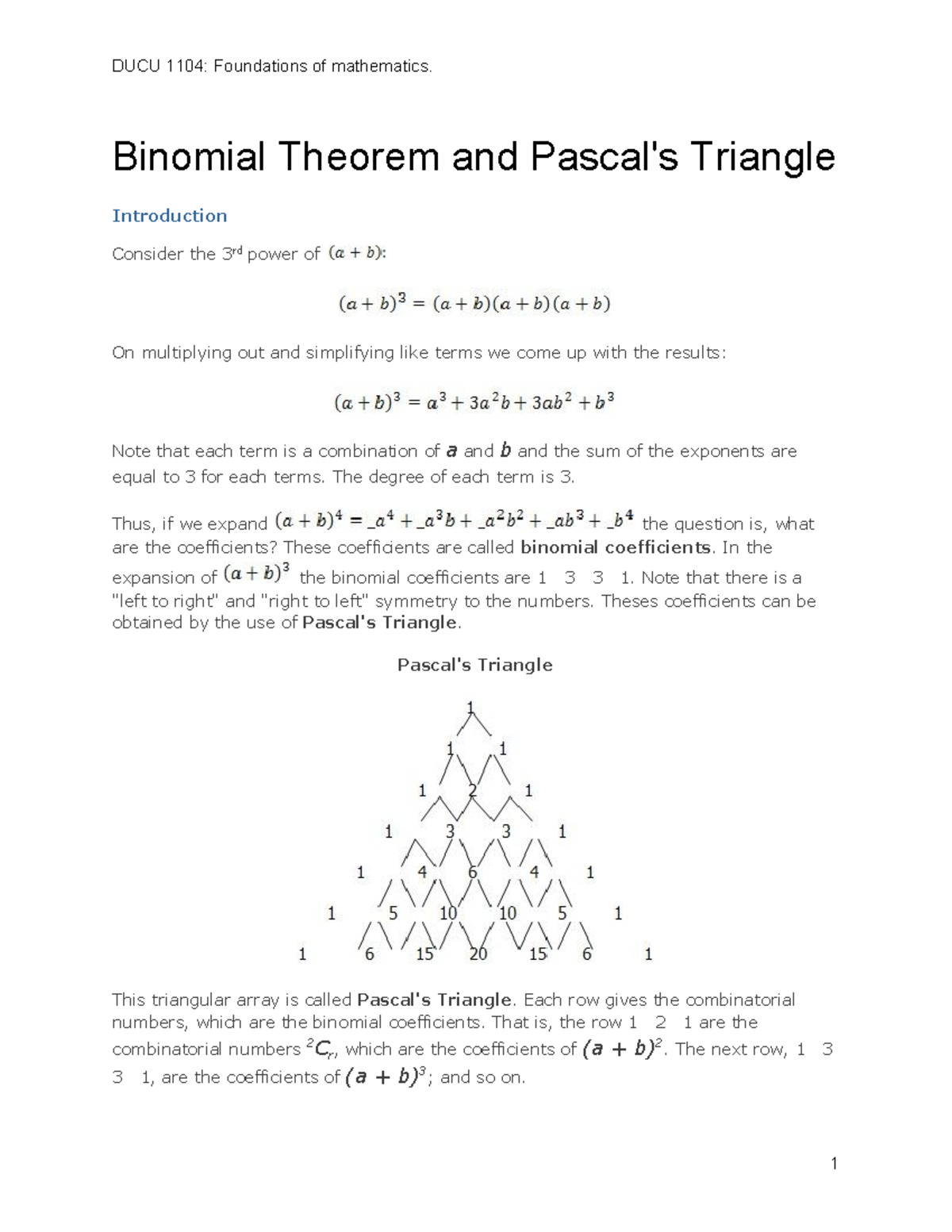 DUCU 1104: Binomial Theorem & Pascal's Triangle Notes - Studocu