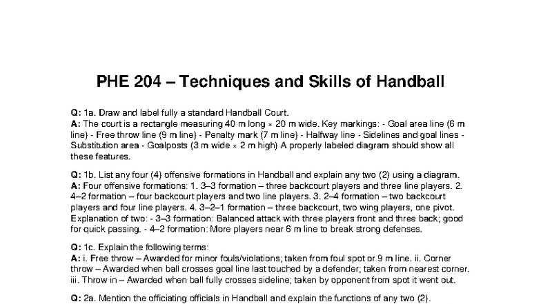 PHE 204 Handball Techniques & Skills: Court, Formations, Rules ...