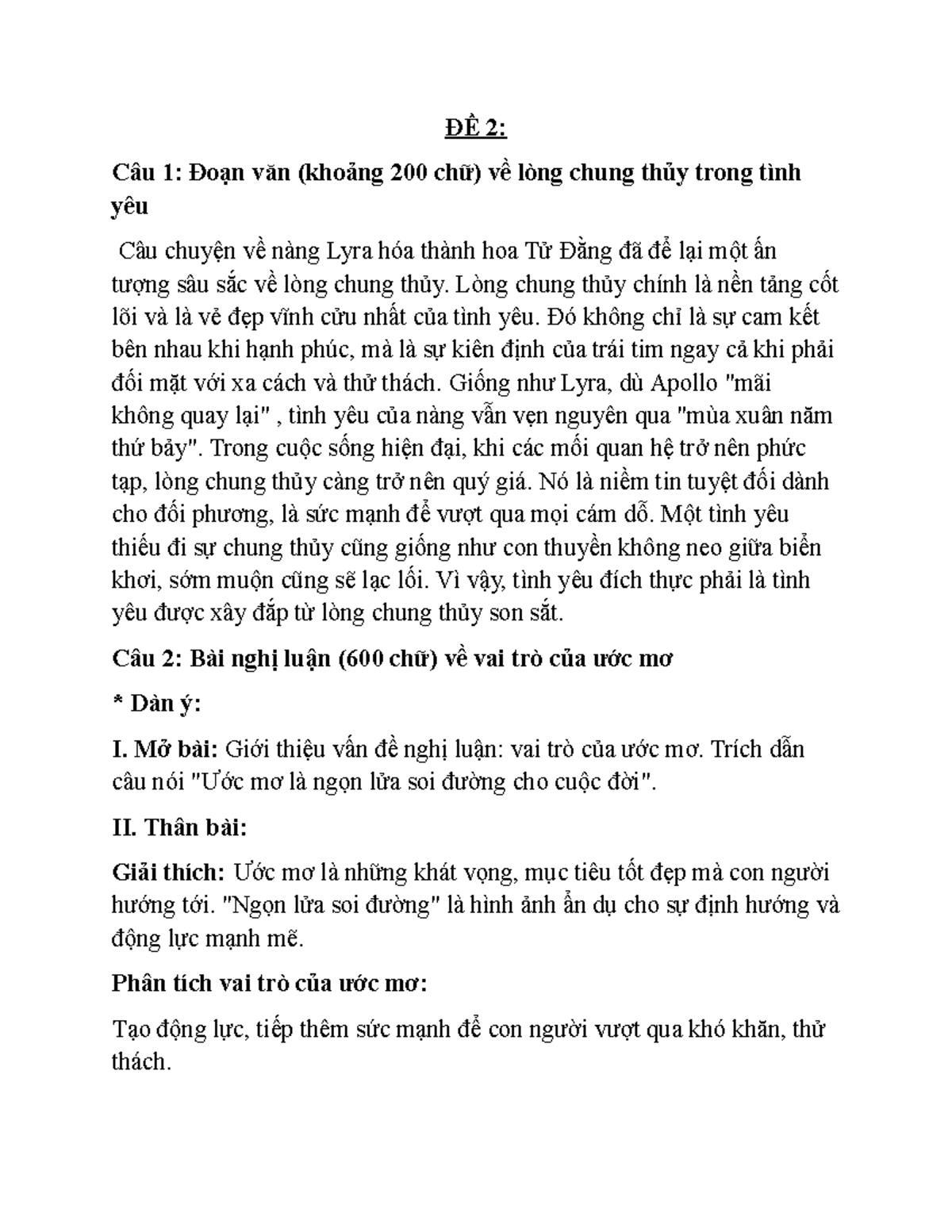 ĐỀ 2 - Nghị Luận Về Lòng Chung Thủy Và Vai Trò Của Ước Mơ - Studocu