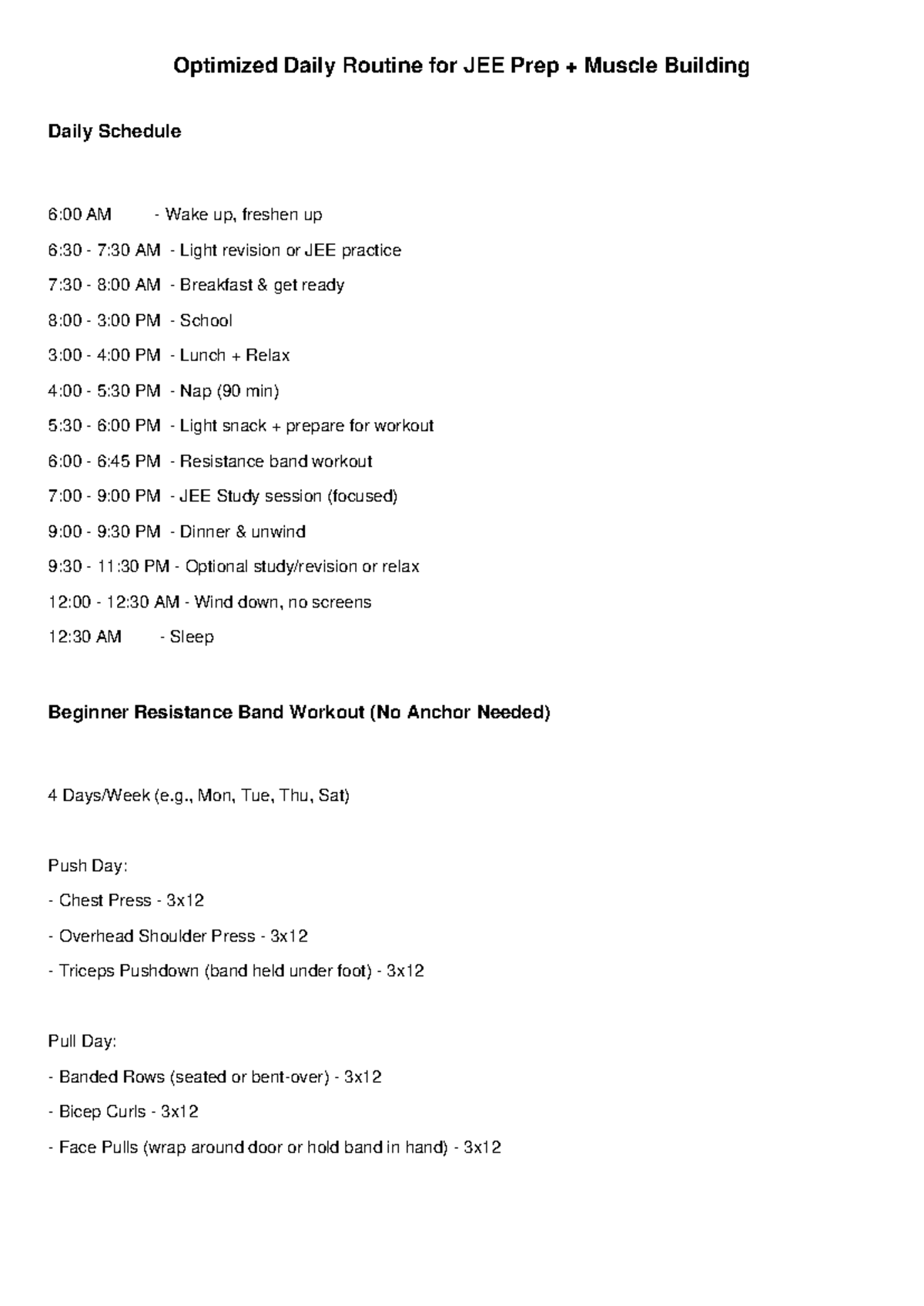 Optimized Daily Routine for JEE Prep & Resistance Band Workouts - Studocu
