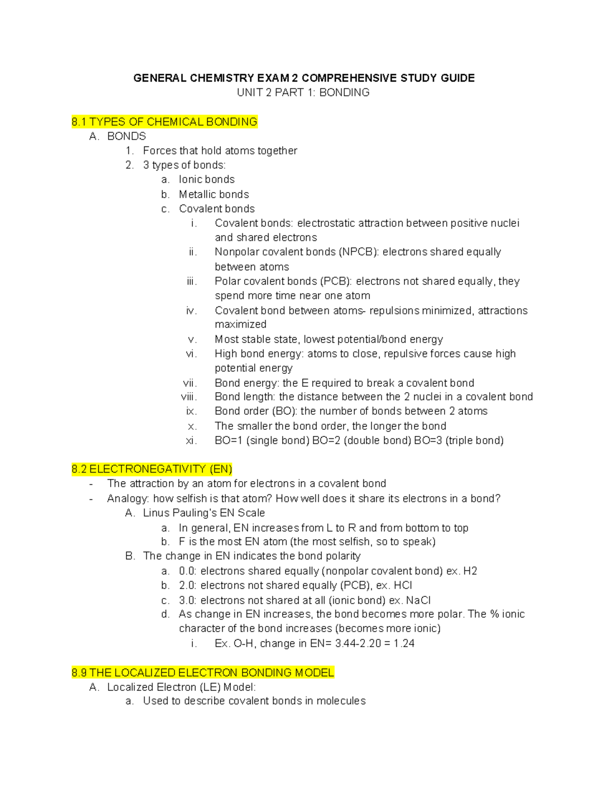 General Chemistry Exam 2: Comprehensive Study Guide on Bonding - Studocu
