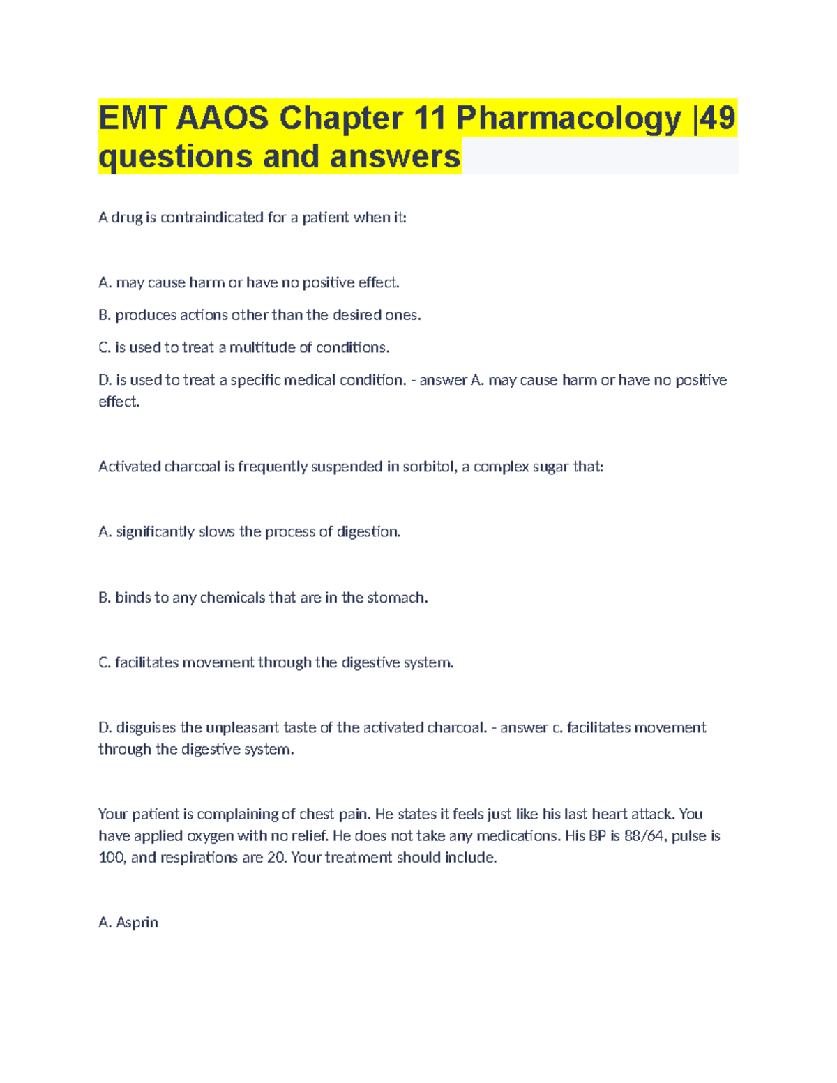 EMT AAOS Chapter 11 Pharmacology: 49 Q&A for Exam Prep - Studocu