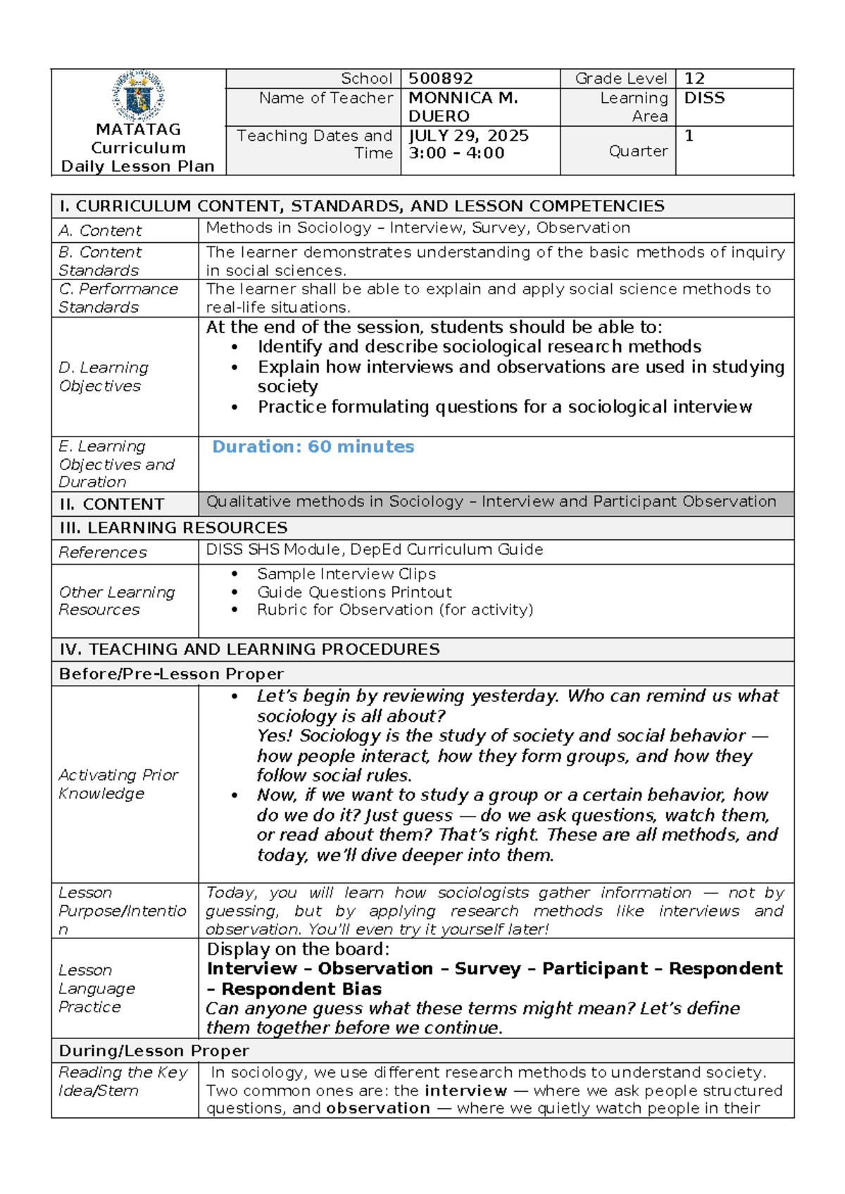 DISS - Lesson Plan on Sociological Methods for Grade 12 - July 29, 2025 ...