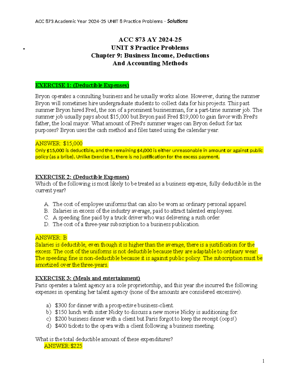UNIT 8 Practice Problems Solutions - ACC 873 AY 2024- UNIT 8 Practice ...