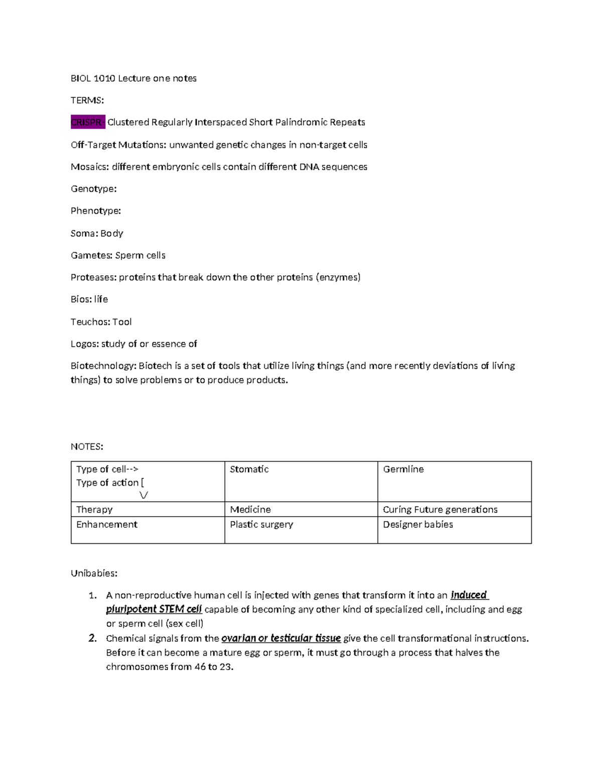 BIOL 1010 Lecture 1 Notes: CRISPR, Genetics, and Biotechnology Concepts ...