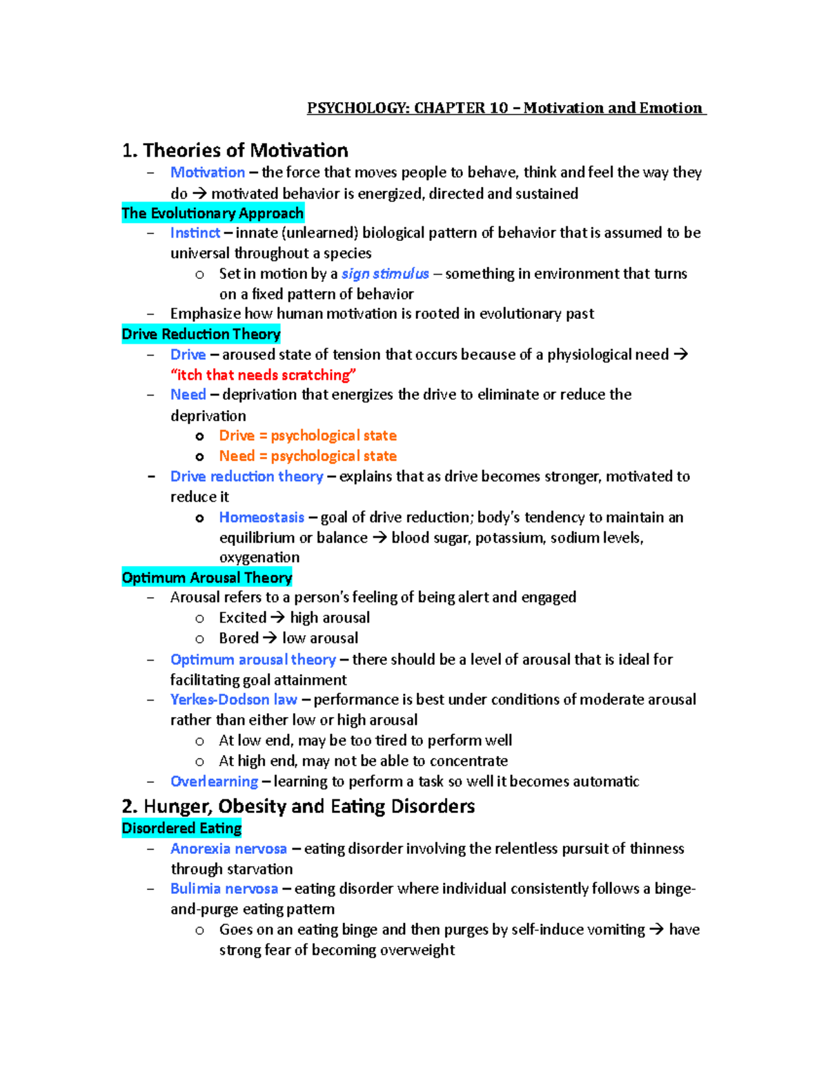 Chapter 10 Notes - Theories of Motivation & Emotion in Psychology - Studocu