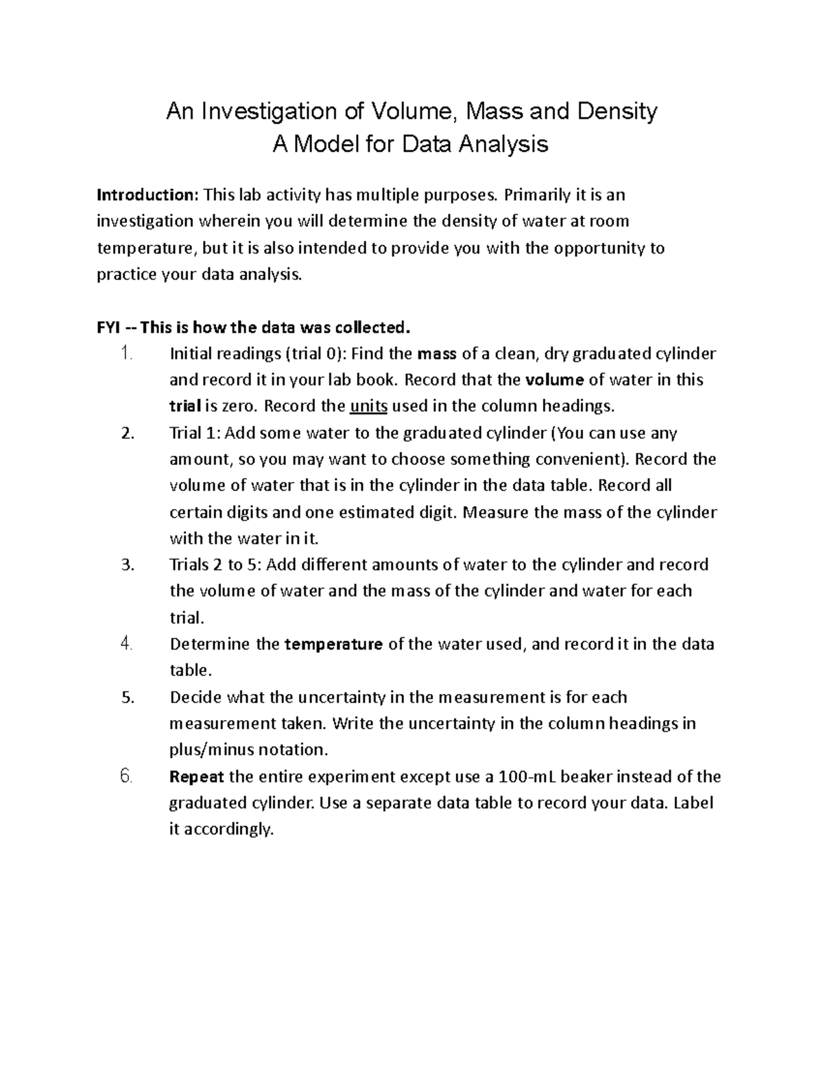 Density Analysis Lab Report: Volume, Mass & Density Data Insights - Studocu