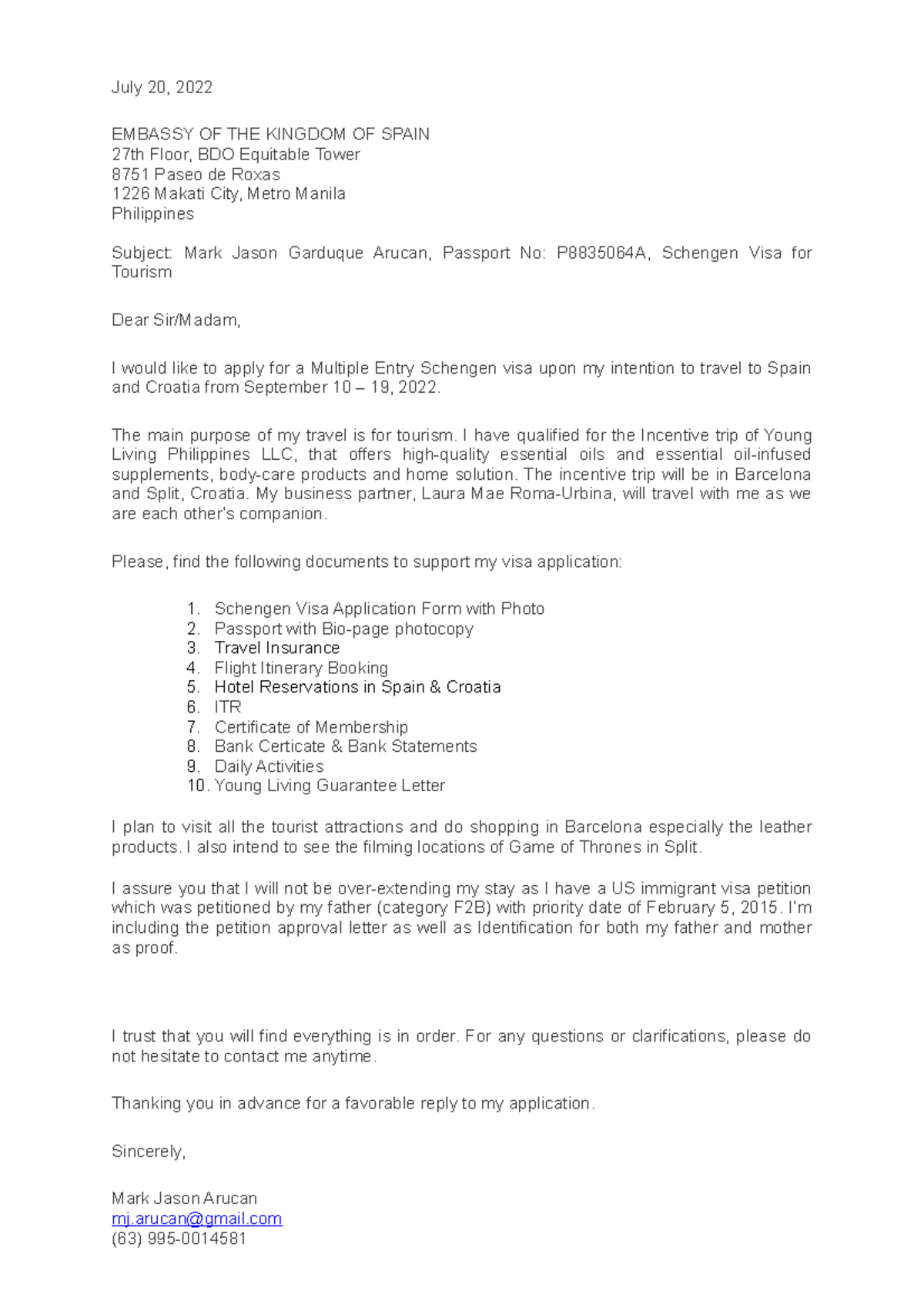 Spain Schengen Visa Cover Letter - Mark Jason Arucan - Studocu