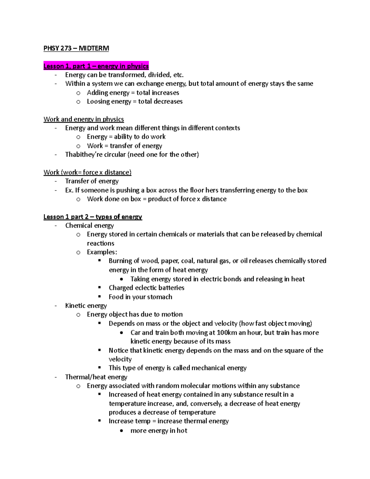PHYS 273 - Midterm Study Notes: Energy Concepts and Applications - Studocu