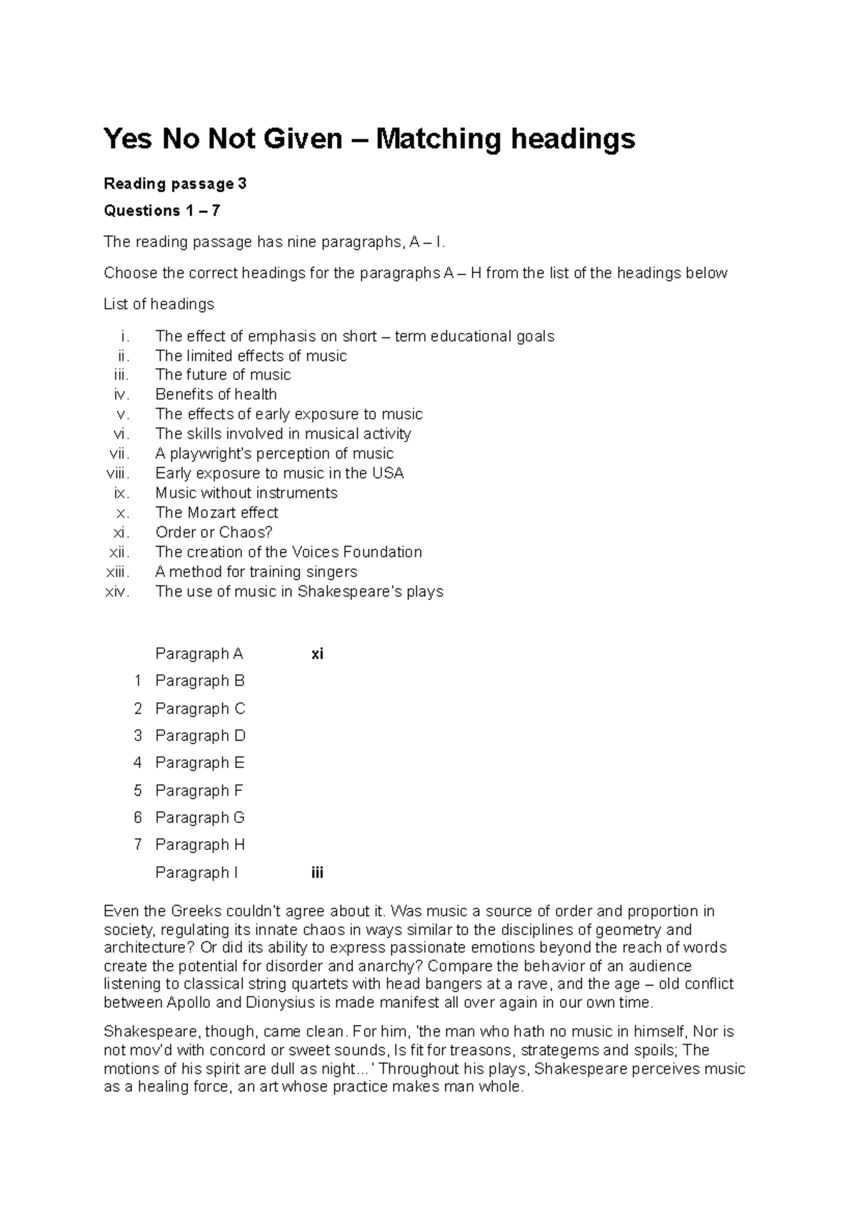 Matching Headings for Reading Passage 3 (Questions 1-7) - Studocu