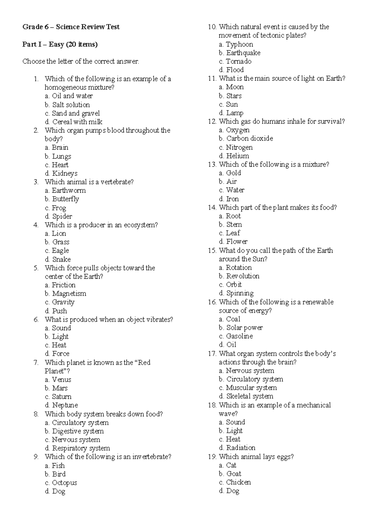 Grade 6 Science Review Test Part I & II (40 Items Total) - Studocu