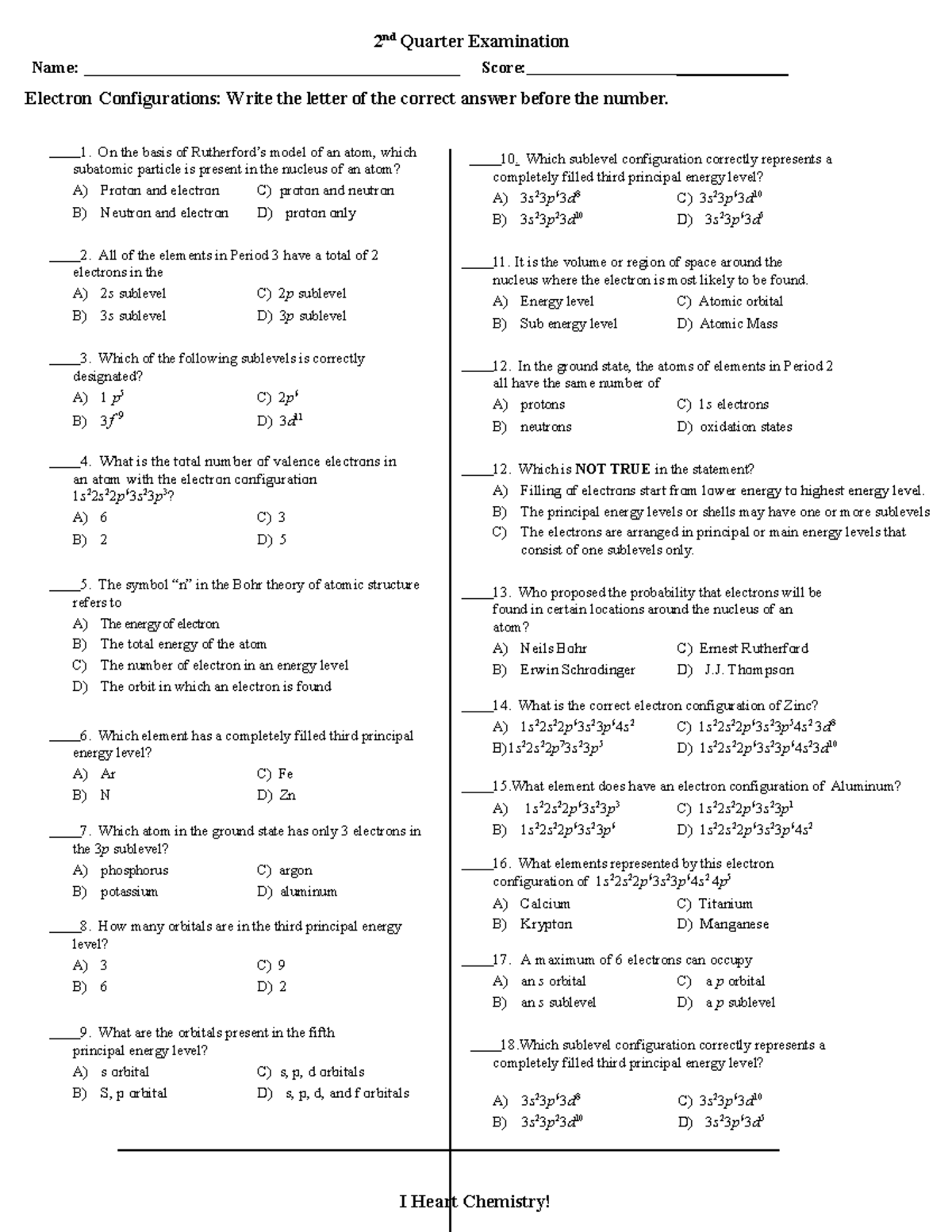 Science 9 WORKSHEETS AND ANSWER KEYS - 2 nd Quarter Examination Name ...