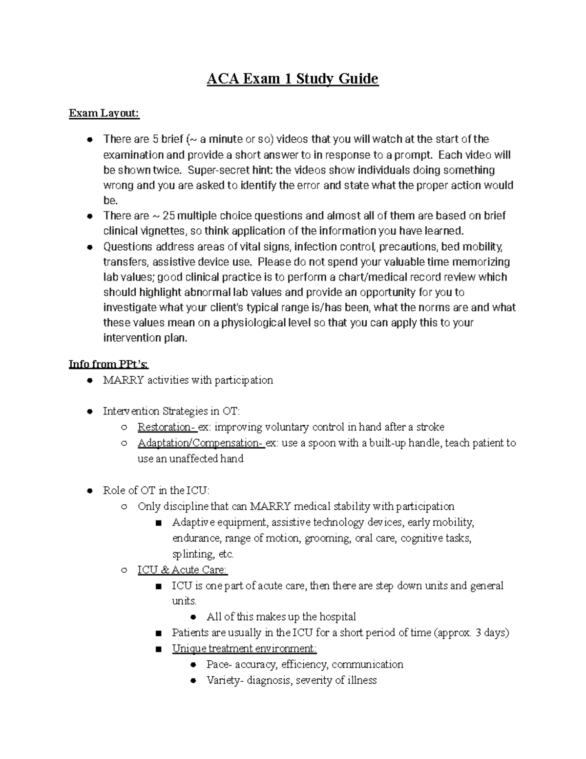 ACA Exam 1 Study Guide - Key Concepts and Clinical Practices - Studocu