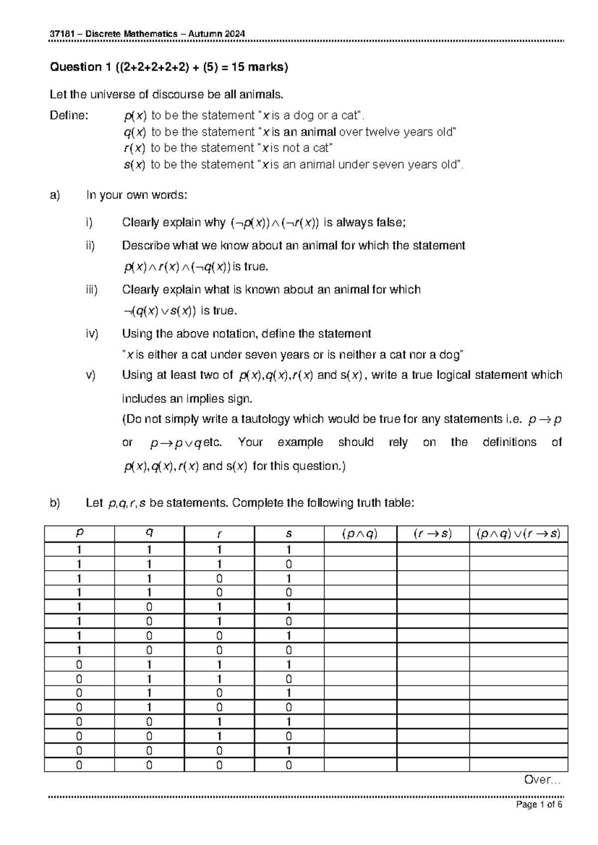 37181 Discrete Math Final Exam 2024: Questions & Solutions - Studocu