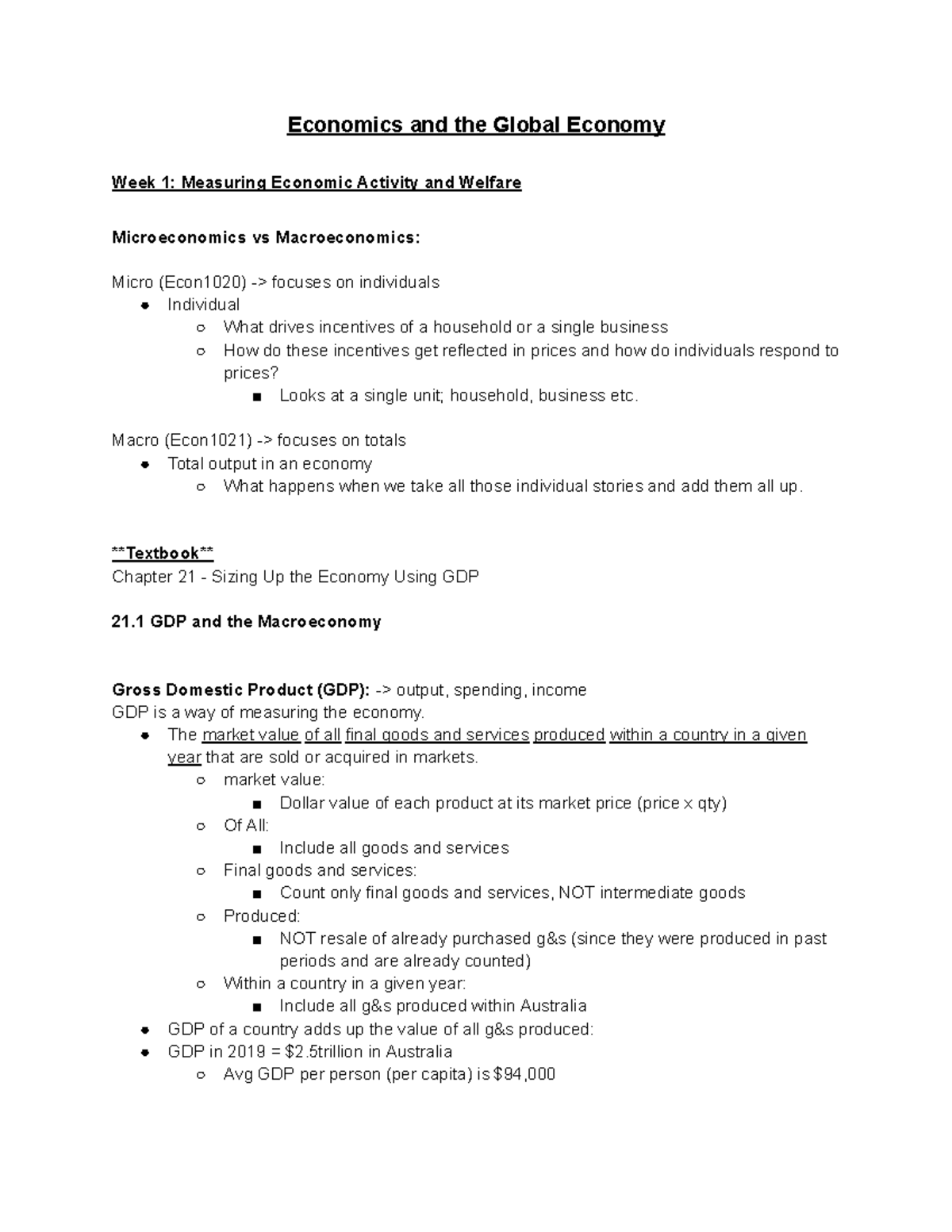 Econ1021 Notes: Weeks 1-3 on Economic Activity, Growth, and ...