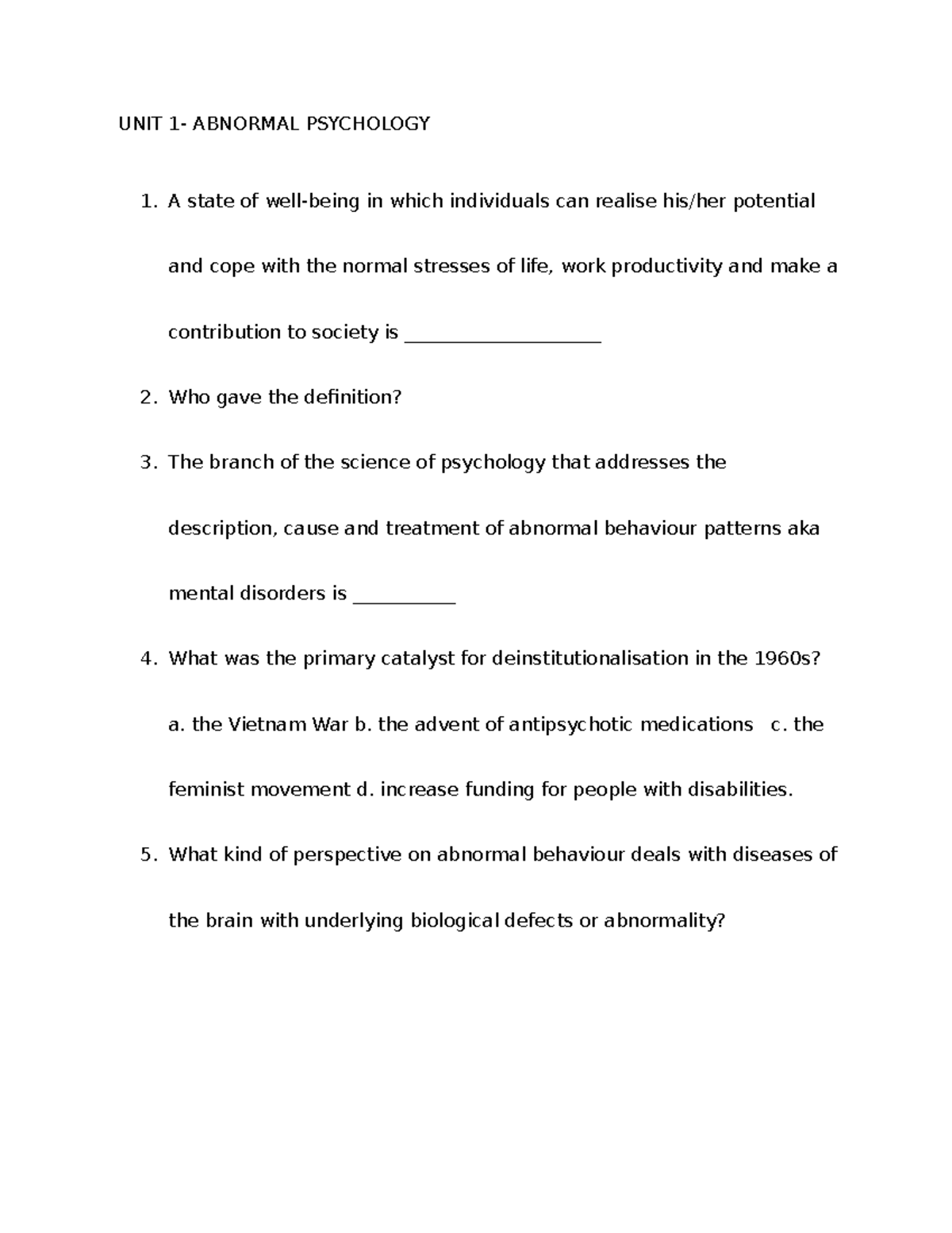 UNIT 1 Abnormal Psychology - UNIT 1- ABNORMAL PSYCHOLOGY A state of ...