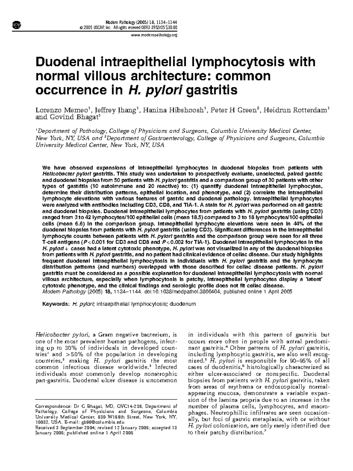 H. Pylori Gastritis: A Study on Lymphocyte Patterns and Counts - Studocu