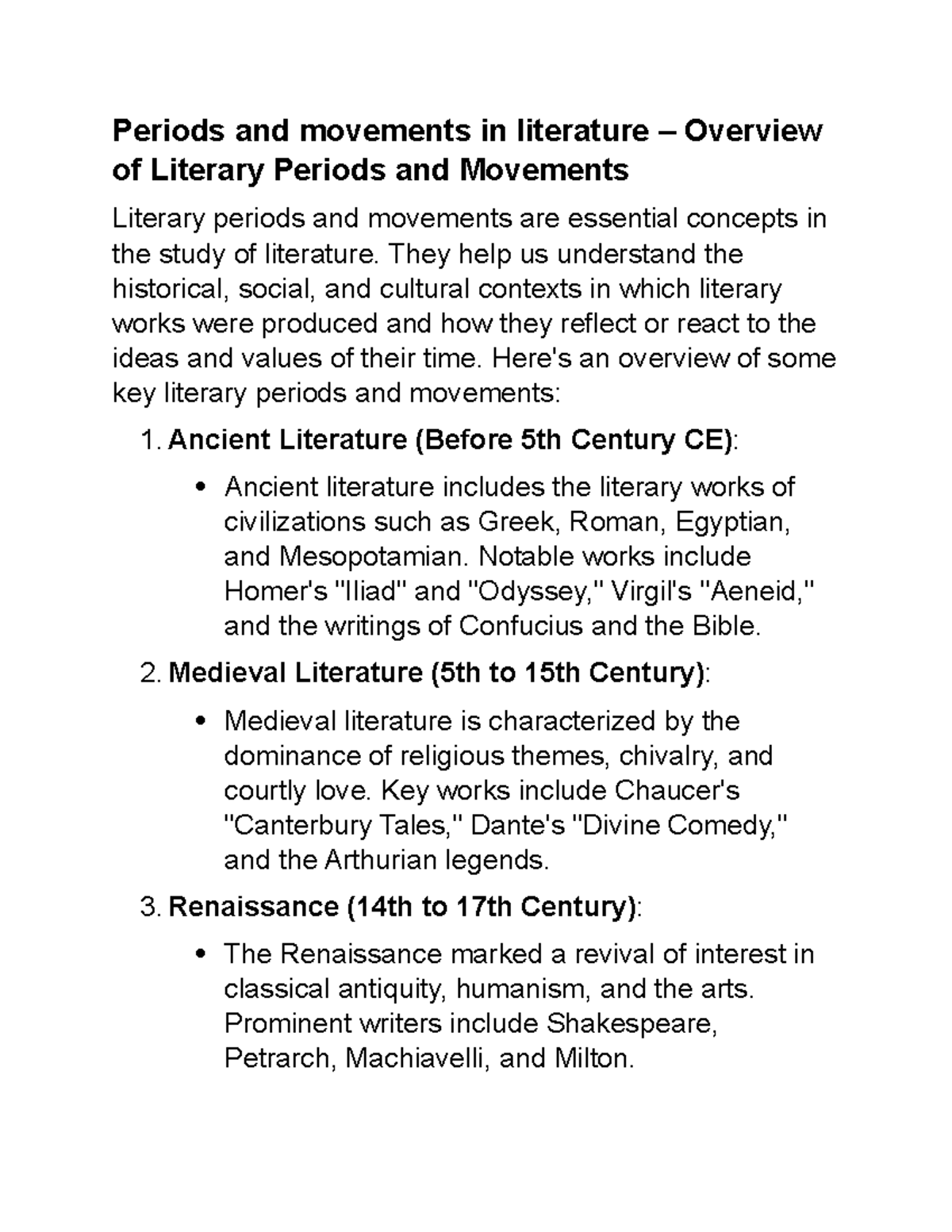 Overview of Literary Periods and Movements in Literature - Studocu