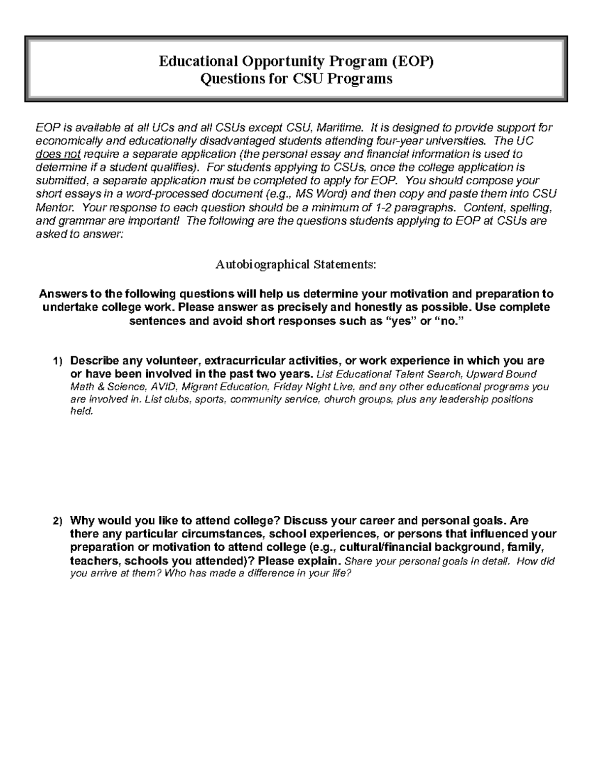 EOP Application Questions for CSU Programs: A Guide - Studocu