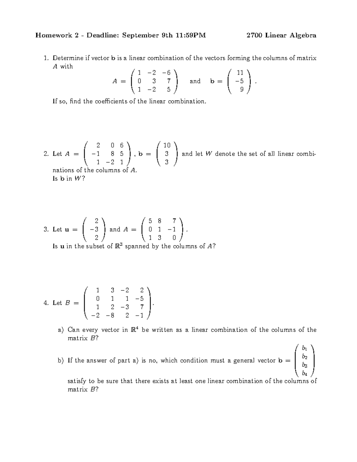 Homework 2 - Linear Algebra 2700: Vector Combinations & Properties - Studocu