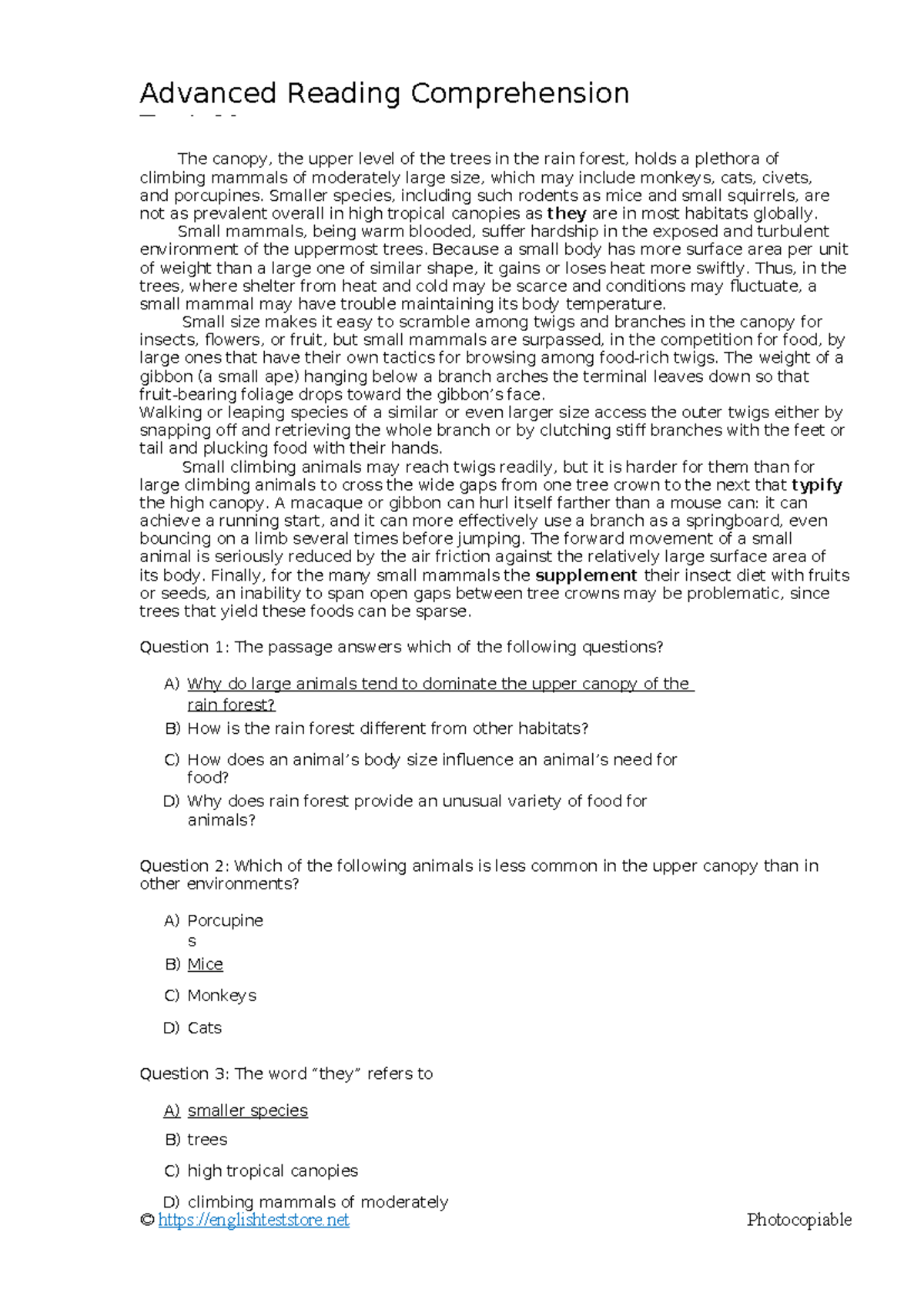 Advanced Reading Comprehension Test 01: Canopy Mammals and Voice Usage ...