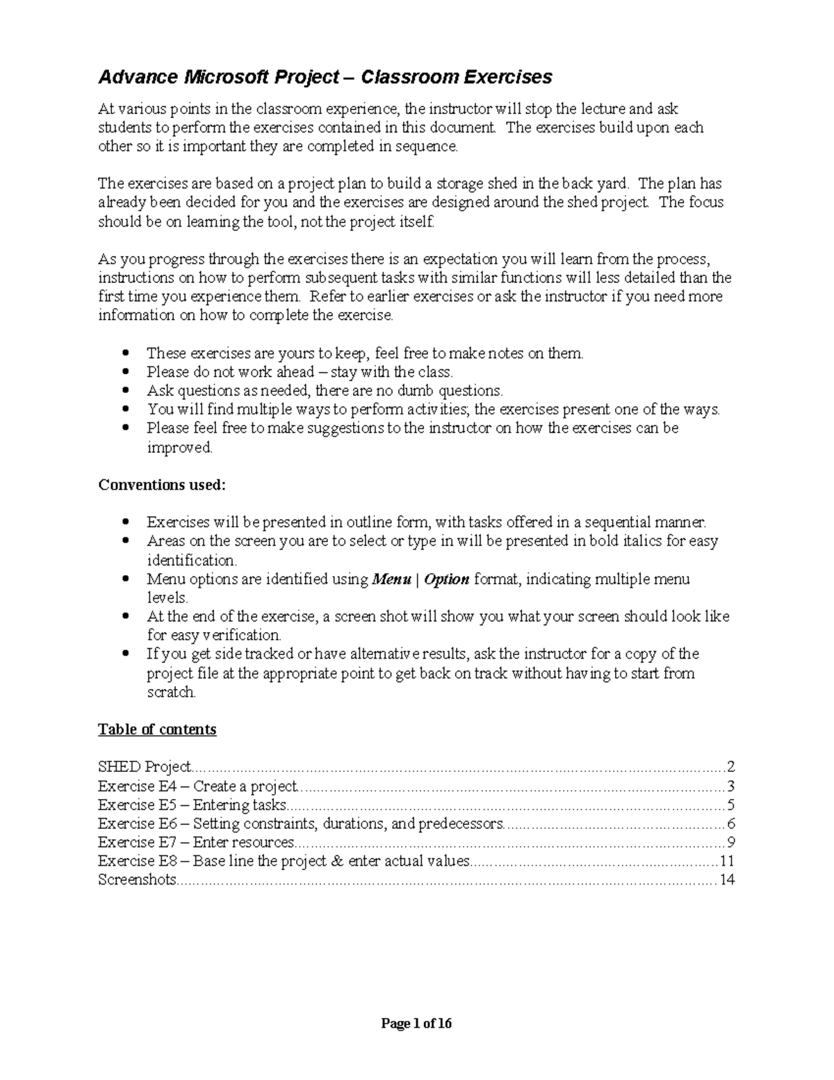 Advanced MS Project Exercises: SHED Project Implementation Guide - Studocu
