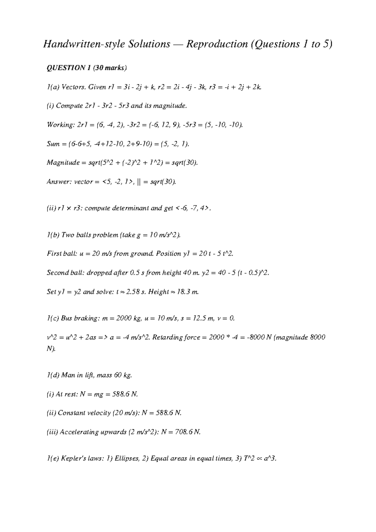 Combined Solutions Reproduction for Physics (Questions 1-5) - Studocu