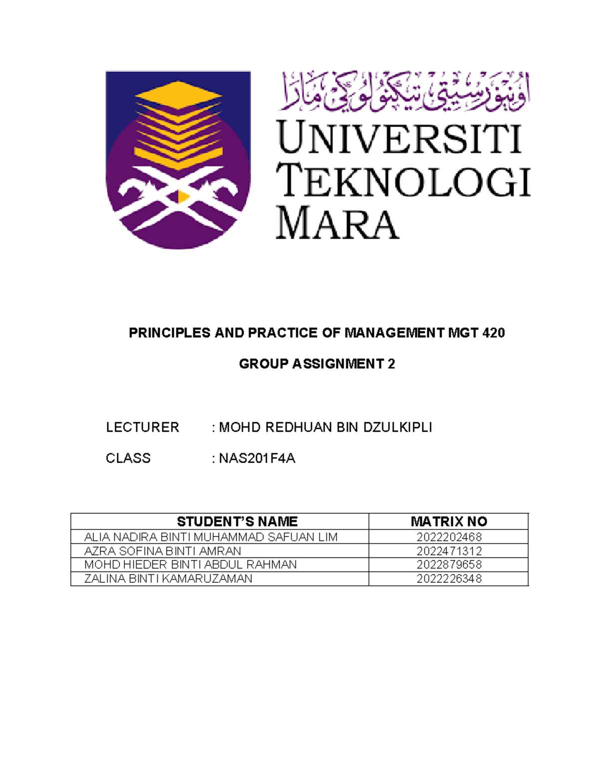 MGT 420 - Principles & Practices of Management - Group Assignment 2 - Studocu