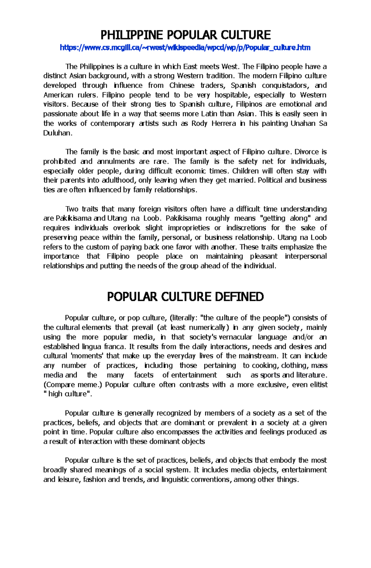 Philippine- Popular- Culture - ####### PHILIPPINE POPULAR CULTURE - Studocu