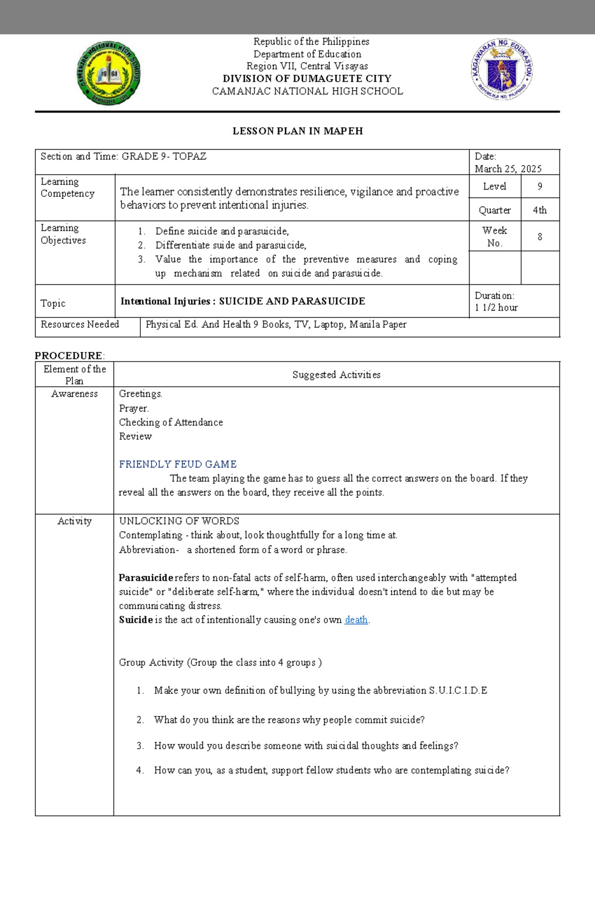 COT2 - Health 9 Lesson Plan: Understanding Suicide & Parasuicide - Studocu
