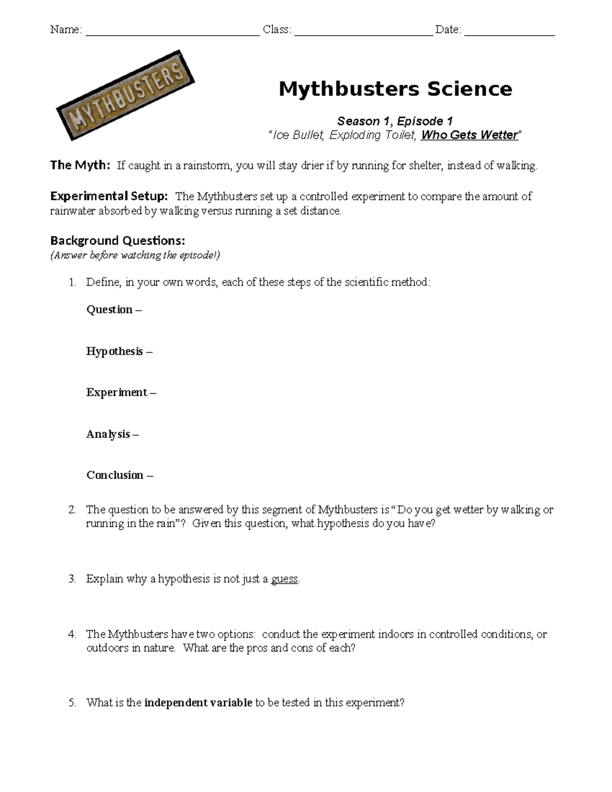 Musgrove Mythbusters - Rain Run Experiment Analysis and Results - Studocu