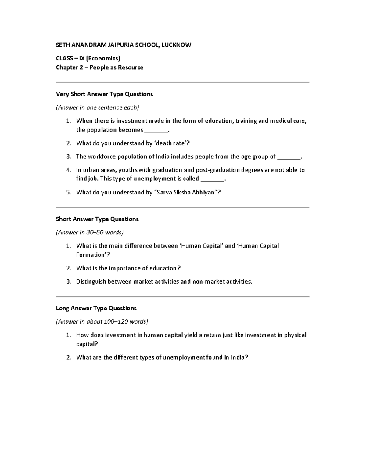 Class IX Economics Chapter 2: People as Resource Worksheet - Studocu