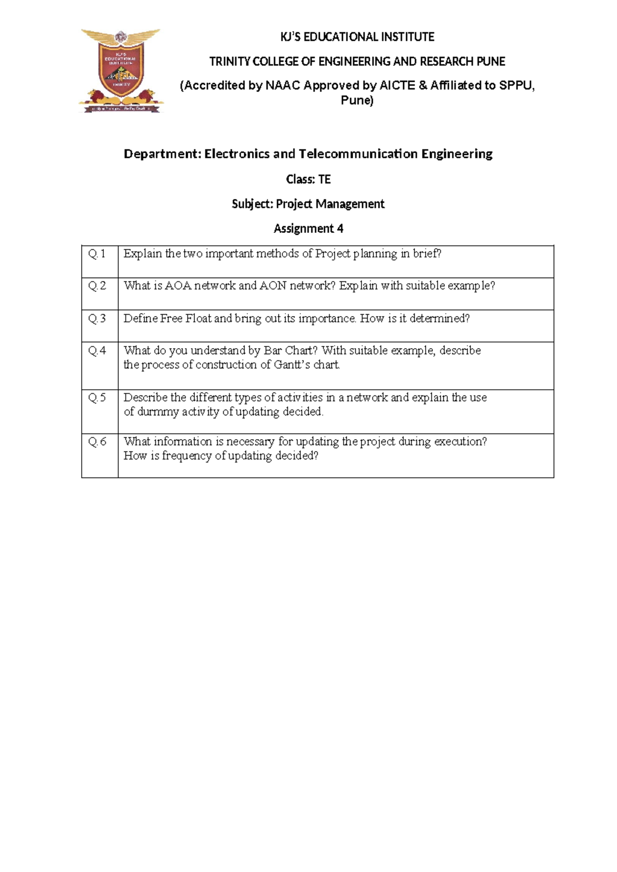 Assignment 4 Notes: Project Management in TE - Trinity College - Studocu