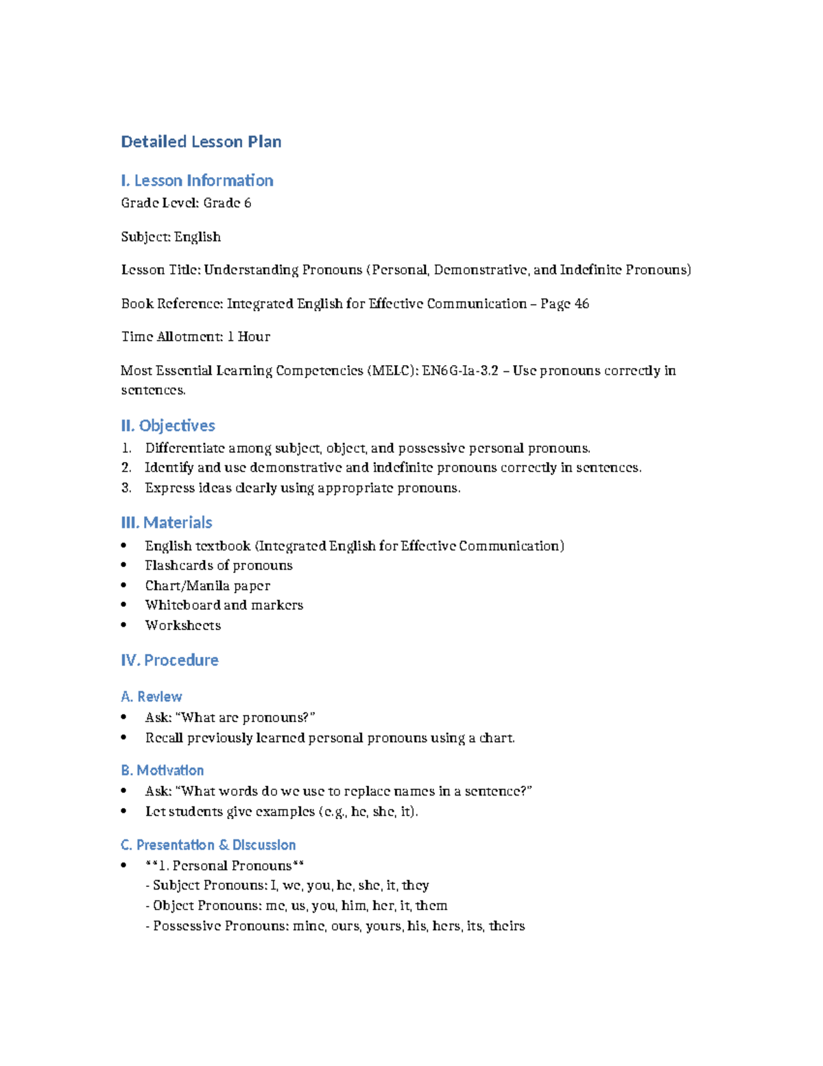 Grade 6 English Lesson Plan: Understanding Pronouns - Studocu