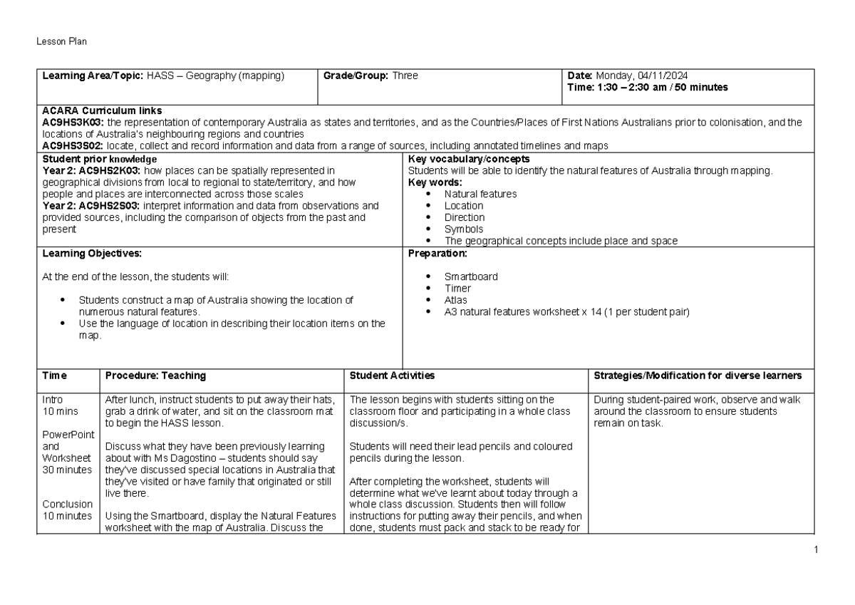 HASS Lesson Plan: Geography Mapping for Grade 3 - 04/11 - Studocu
