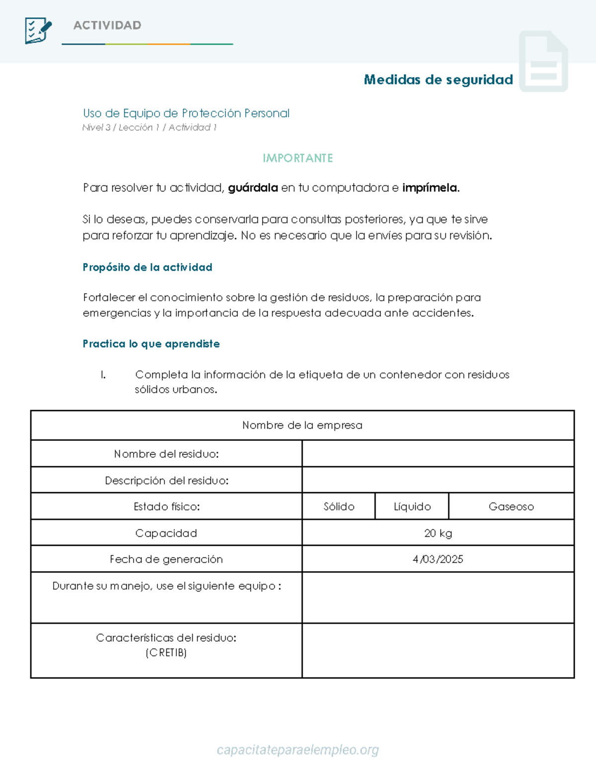 Medidas de Seguridad y Uso de EPP Nivel 3 - Lección 1 Actividad 1 - Studocu