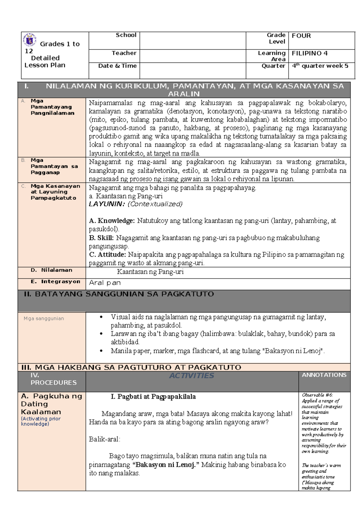 Filipino 4 Q4 Lesson Plan: Kaantasan ng Pang-uri Activities ...