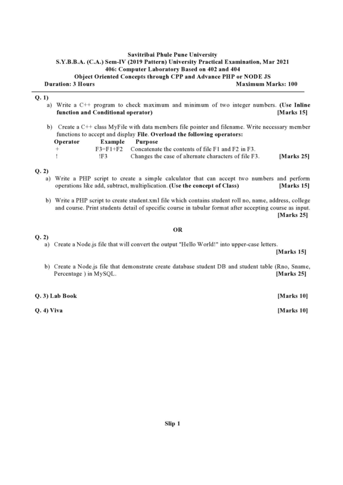 S.Y.B.B. (C.) 2019 Pattern: Practical Exam Slip for Computer Lab 406 - Studocu