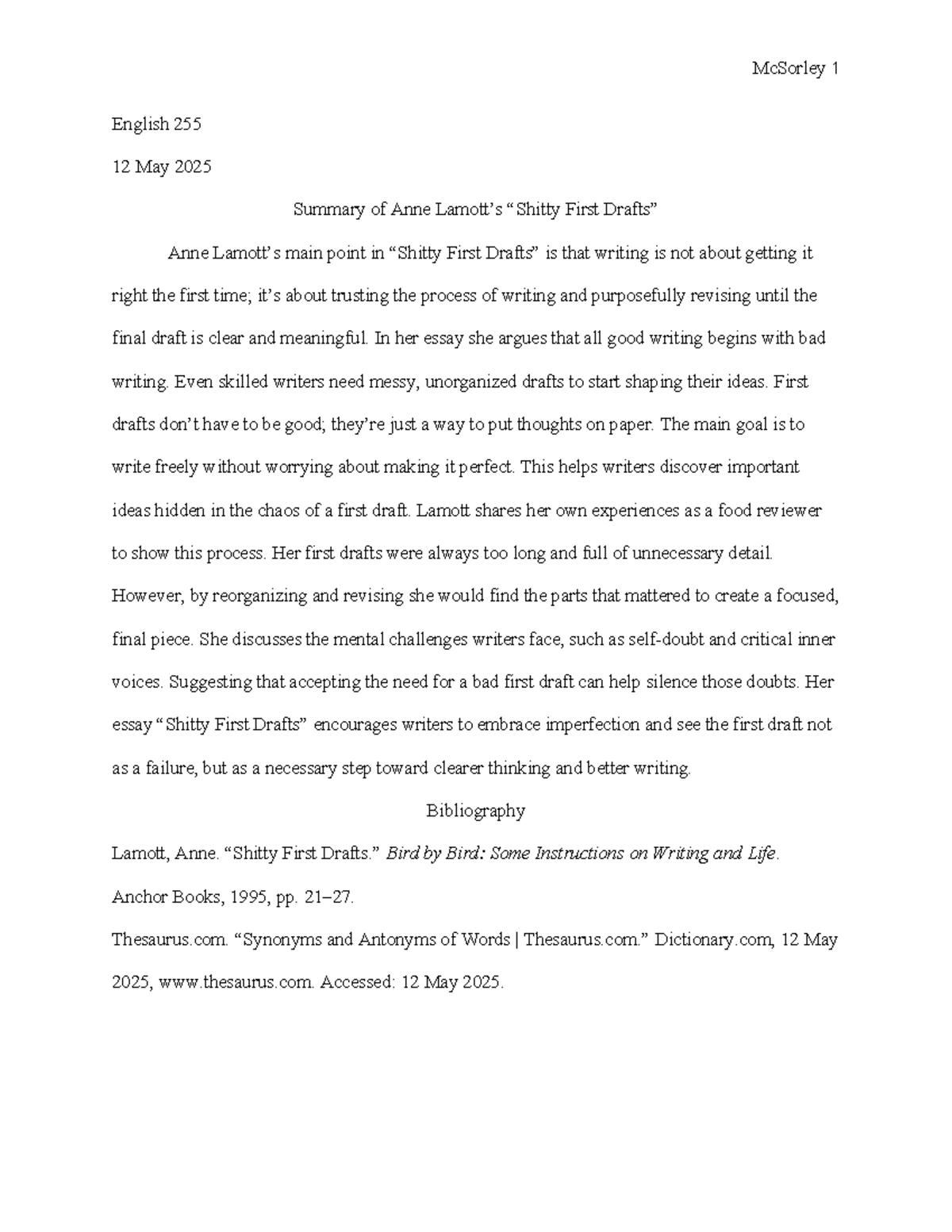 English 255 Assignment #2 Summary of "Shitty First Drafts" - Studocu