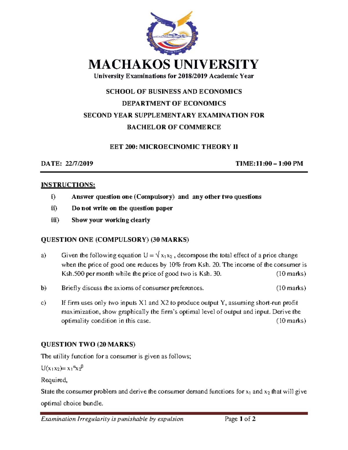 EET 200: Supplementary Exam on Microeconomic Theory II - Studocu