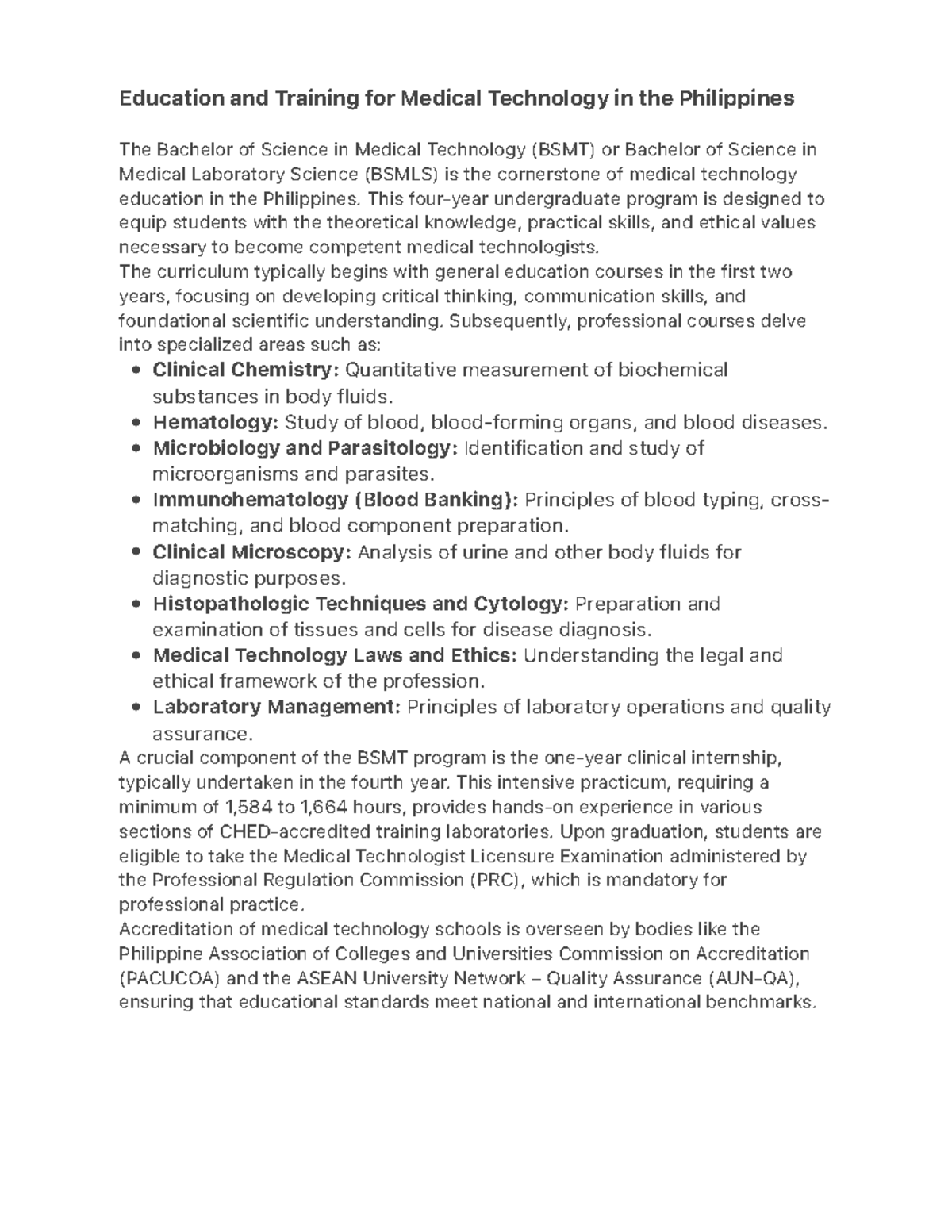 BSMT Program Overview: Education & Training in Medical Technology - Studocu