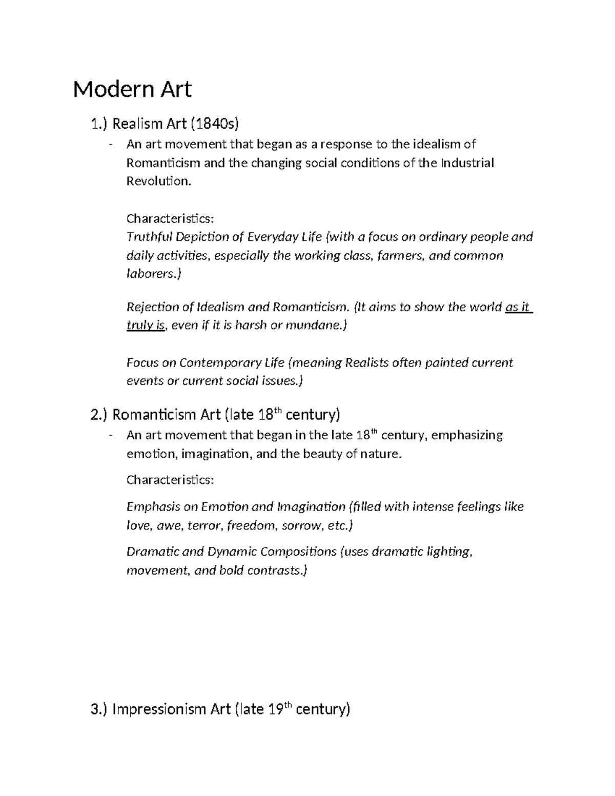 Modern Art Periods: Realism, Romanticism, Impressionism & More - Studocu