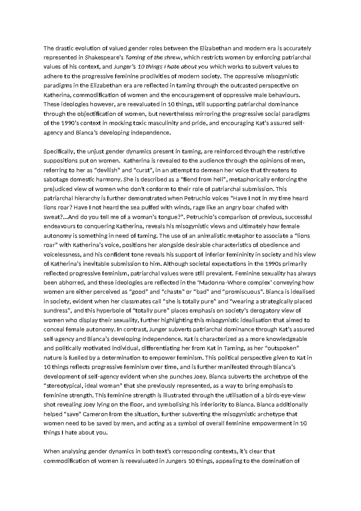 Essay Notes: Gender Roles in Shakespeare's Taming of the Shrew - Studocu