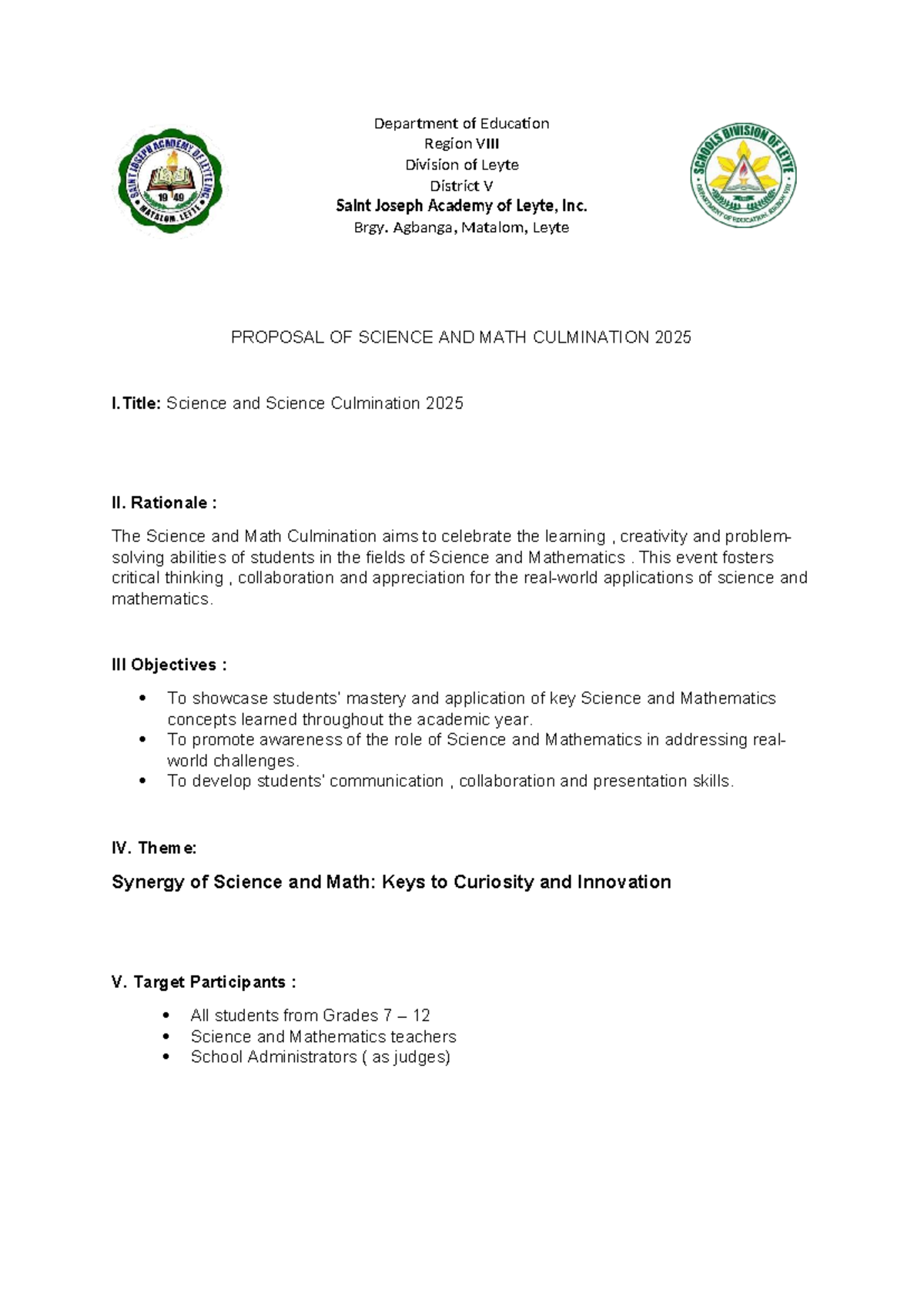 Proposal for Science & Math Culmination 2025 Event - Studocu