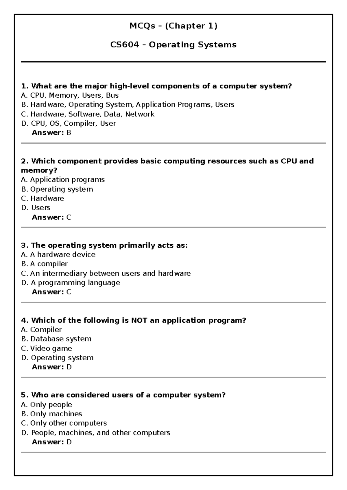 CS604 MCQs: Chapter 1 - Components of Computer Systems - Studocu