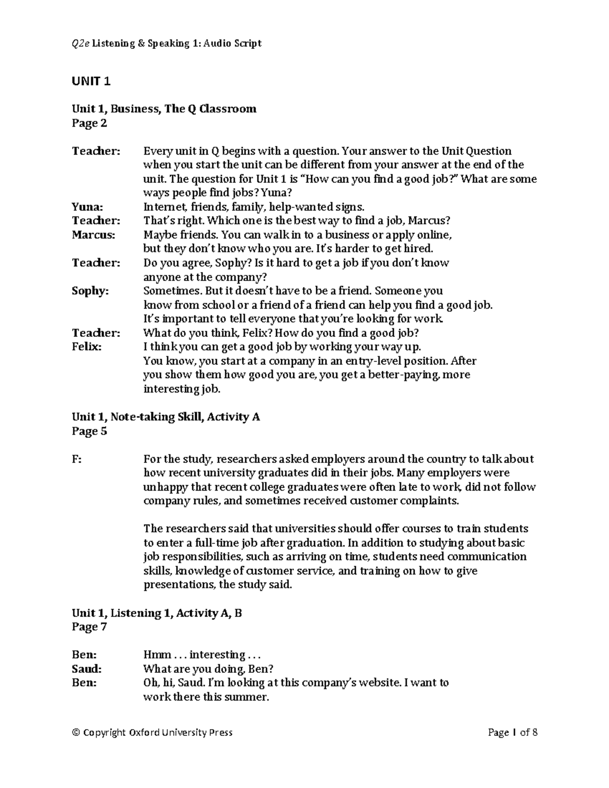 Q2e Listening Speaking 1: Unit 1 Audio Script on Job Search - Studocu